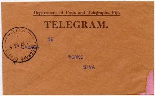 FIJI TELEGRAM ENVELOPE 1958 CANCEL TELEGRAPH OFFICE | eBay