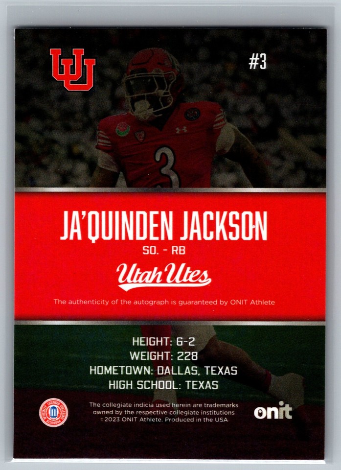 Ja'Quinden Jackson 2023 ONIT University of Utah Utes AUTO #91 Football ...