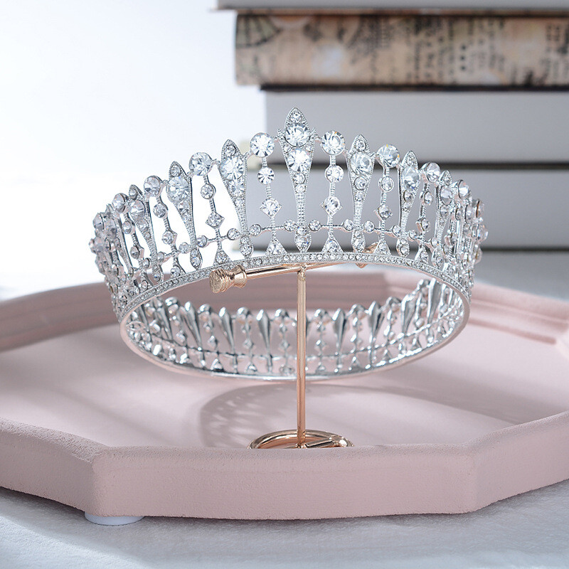 5cm Tall Large Round Crown Crystal Wedding Bridal Queen Princess Tiara