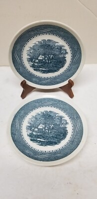 4 VTG ANCHOR HOCKING CURRIER & IVES BLUE COTTAGE DESSERT CAKE PLATES 6 ...