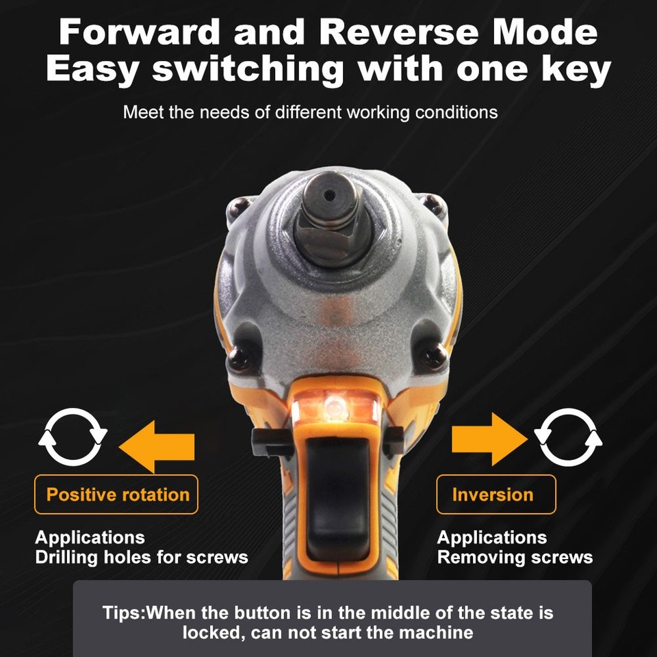 Cordless Electric Impact Wrench Gun 1/2'' High Power Driver with Li-ion ...