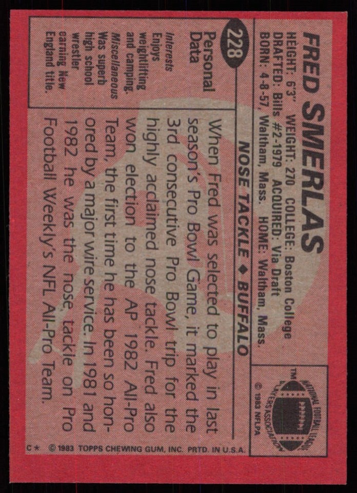 1983 Topps Fred Smerlas Buffalo Bills #228 | eBay