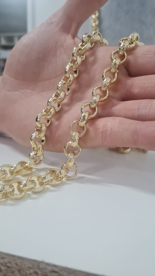 Mens 9ct Gold XP 12mm Diamond Cut Belcher Set 9" 24" Patterned Belcher ...