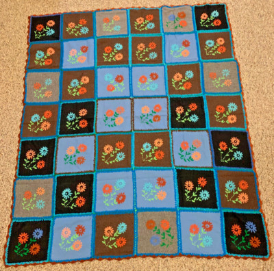 Handmade Yarn Embroidered Wool Granny Square Blanket Flowers 50x60 | eBay
