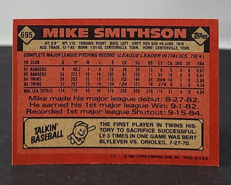 MIKE SMITHSON Signed Autographed 1986 Topps Baseball Card #695 ...