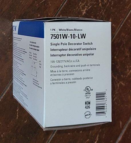 10 Pack EATON 15 AMP Single Pole Decorator Switch -WHITE- #7501W-10-LW ...