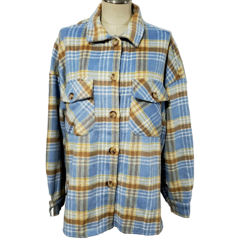 NWT Timing Blue Yellow Thick Fleece Plaid Shacket Shirt Polyester Wool ...