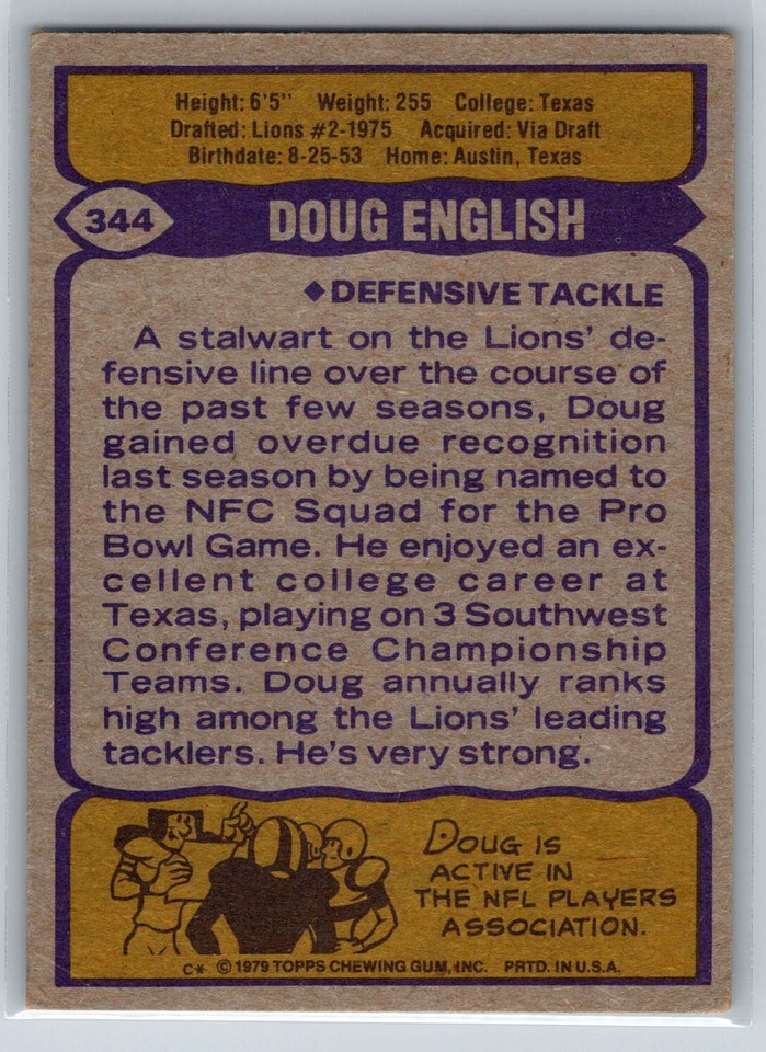 1979 Topps Doug English Rookie Detroit Lions RC #344 | eBay