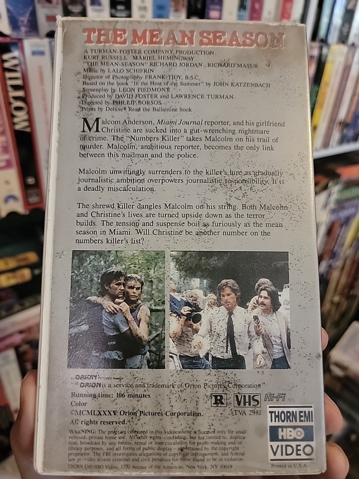 The Mean Season 1985 VHS Rare Hard To Find Original Release Plastic ...