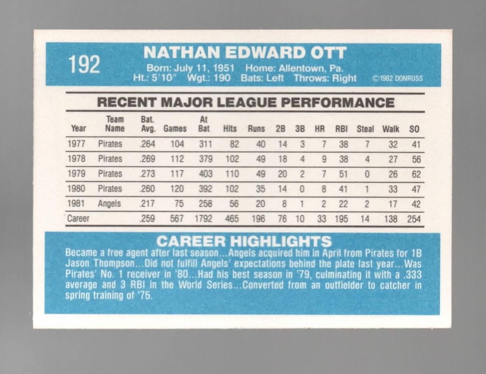1982 Donruss Ed Ott California Angels #192 Near Mint or Better | eBay