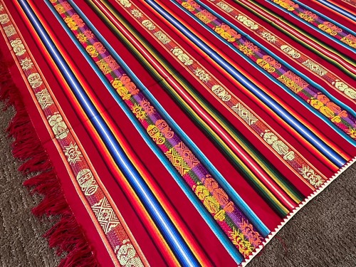 Vtg Rainbow Guatemalan Hand Woven Cotton Tablecloth or Blanket Cover w ...