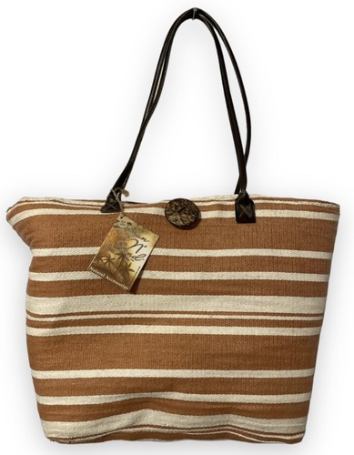 Sun and Sand Beach Bag Natural Faux Leather Handles Striped Natural | eBay