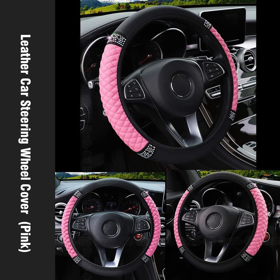 PU Leather Pink Bling Diamond Car Steering Wheel Cover Accessories For ...