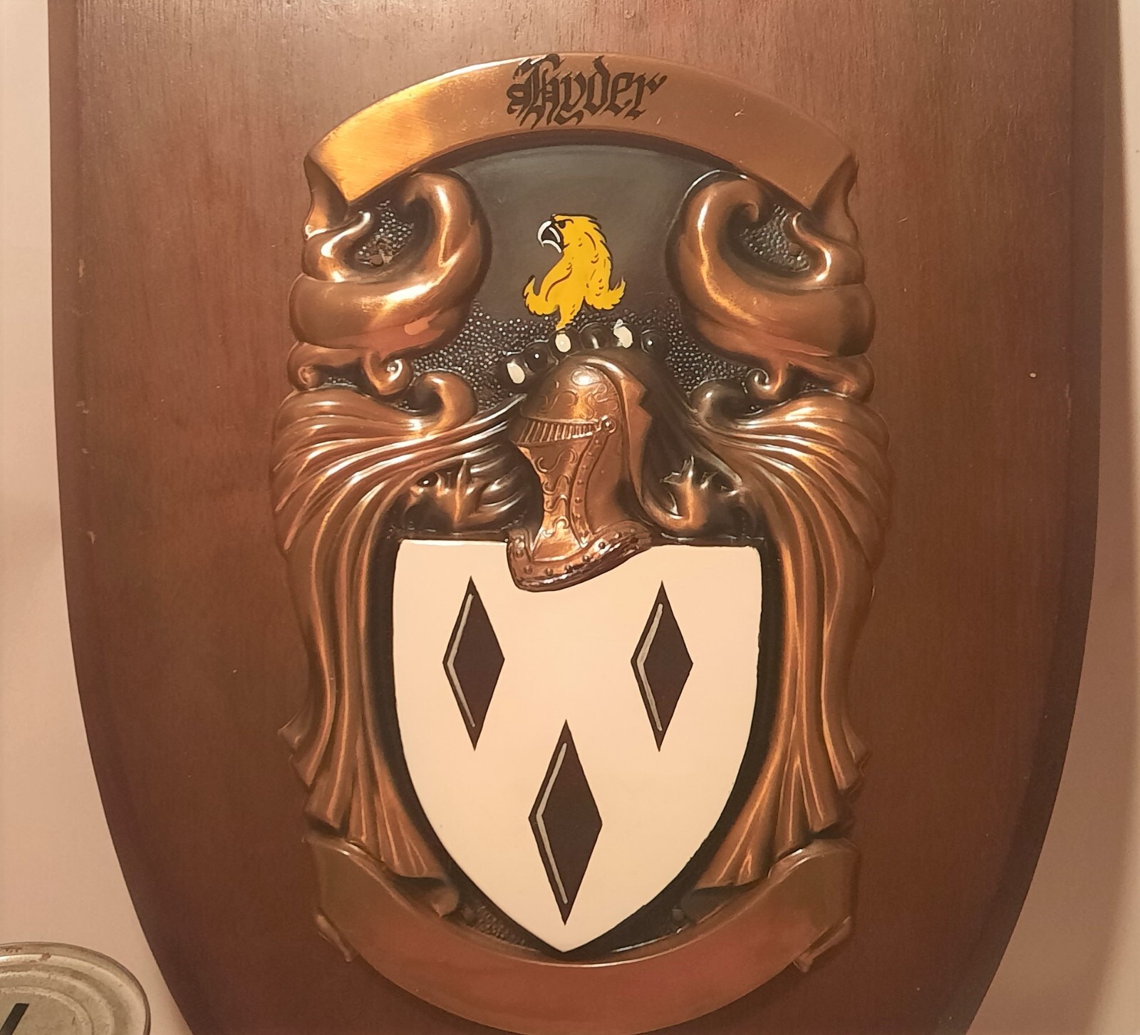 HYDER vtg family crest coat of arms black diamond shield medieval ...