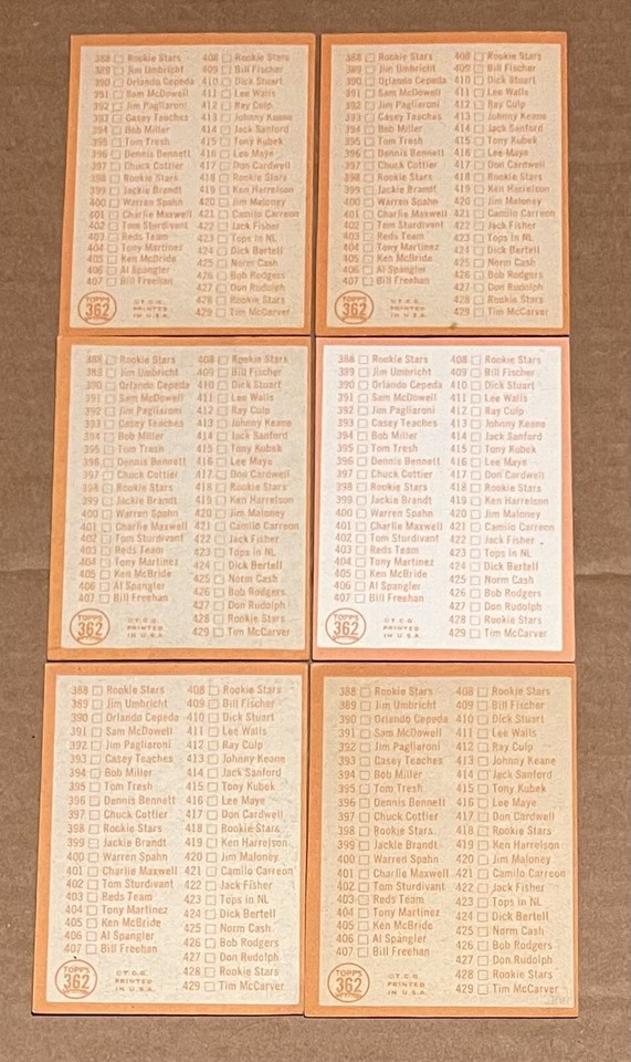 1964 Topps (6) Un-Marked #362 5th Series Checklist Baseball Card Lot ...