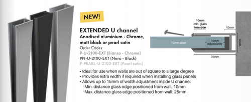 Deep Shower Screen Wall Channel, 2100mm long, For 10mm glass, Extra ...
