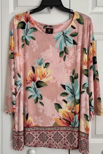 JM COLLECTION WOMEN'S TOPS JACQUARD PINK FLORAL 3/4 SLEEVE SIZE 4X ...