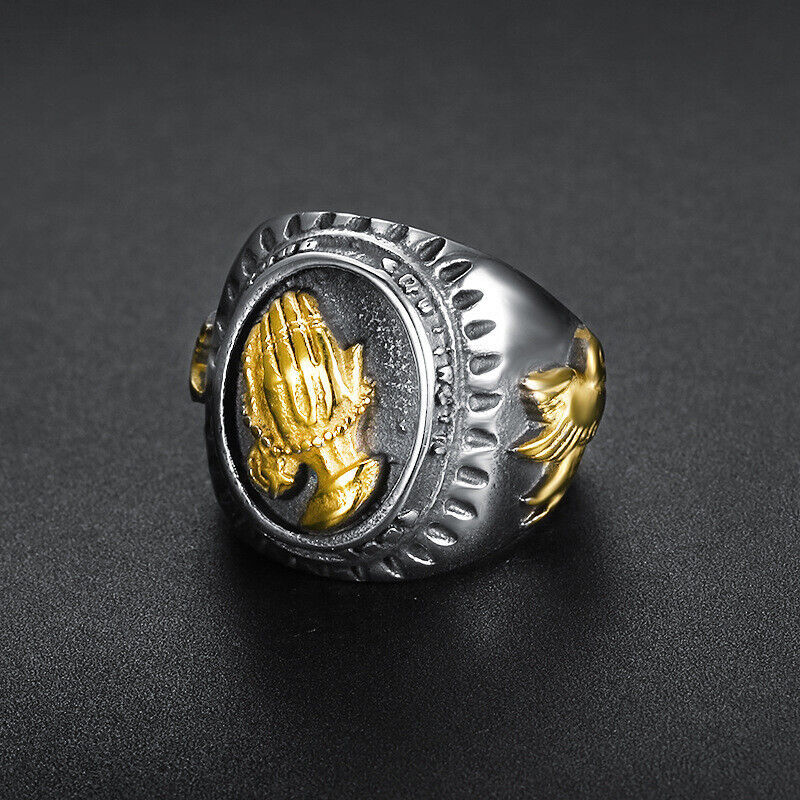 Vintage Lord's Prayer Praying Hands Ring Stainless Steel Cross Angels Dove Ring | eBay
