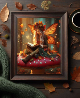 Autumn Fairy Reading a book on a Mushroom Whimsical FairyCore Fantasy ...