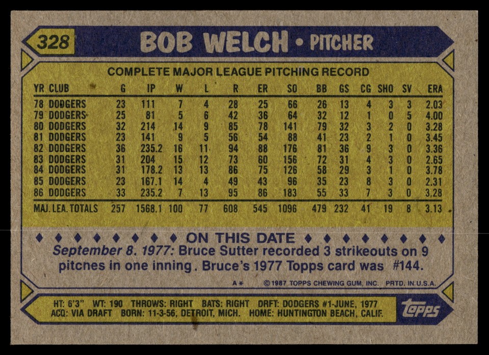 1987 Topps Bob Welch #328 Los Angeles Dodgers Baseball Card | eBay