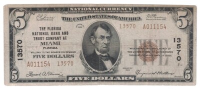U.S. (Miami, FL) - Series of 1929 $5.00 National Currency Banknote | eBay