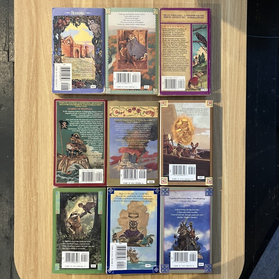 9 Redwall paperbacks: Original, Mossflower, Bellmaker, Mattimeo, Mariel ...