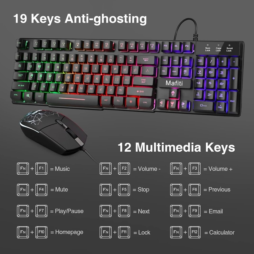 RK101 Computer Keyboard Mouse Combo Wired, RGB Backlit USB Keyboard for ...
