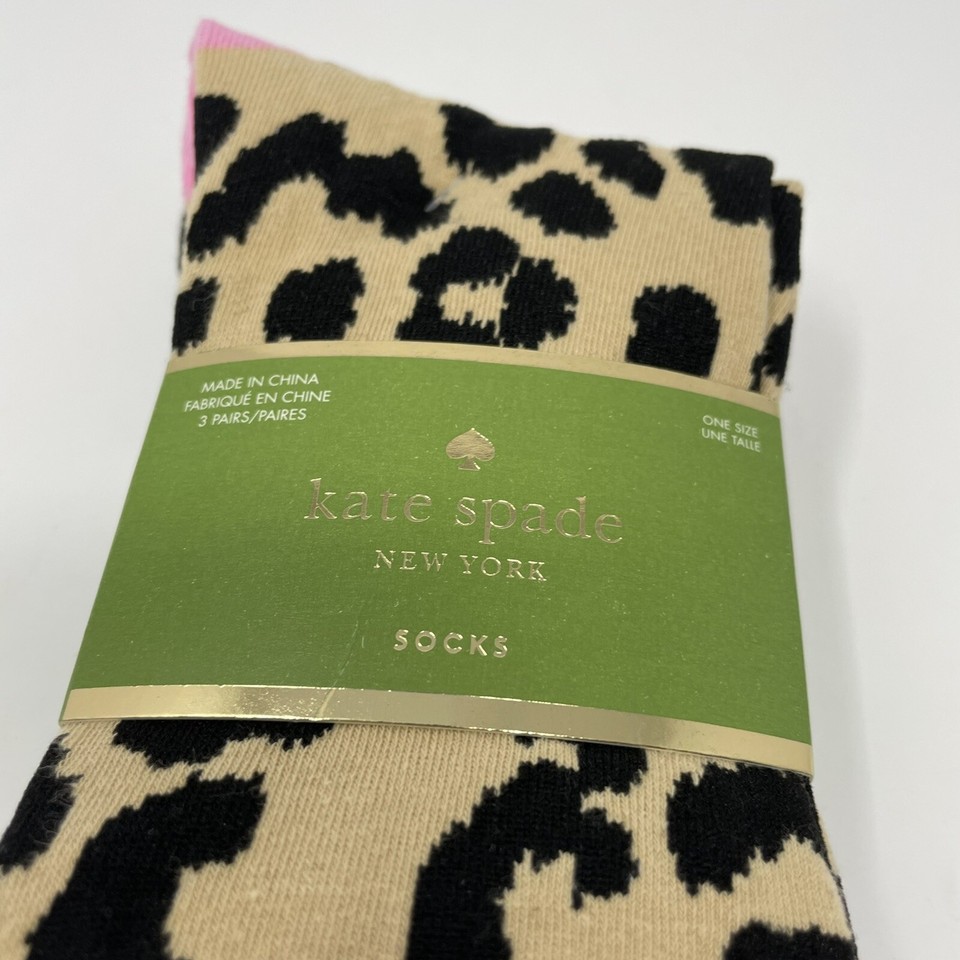 Kate Spade Crew Camel Socks 3 Pack Leopard Pink Roses Black Womens SZ 4 ...