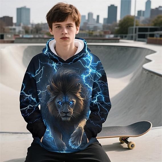 3D Electric Lion Hoodie – Blue Lightning King of the Jungle Pullover | eBay