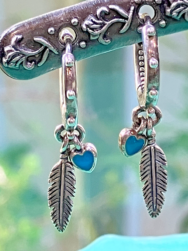 PANDORA Hoop Earrings Boho Spiritual Feathers Heart Authentic Ale 925 ...