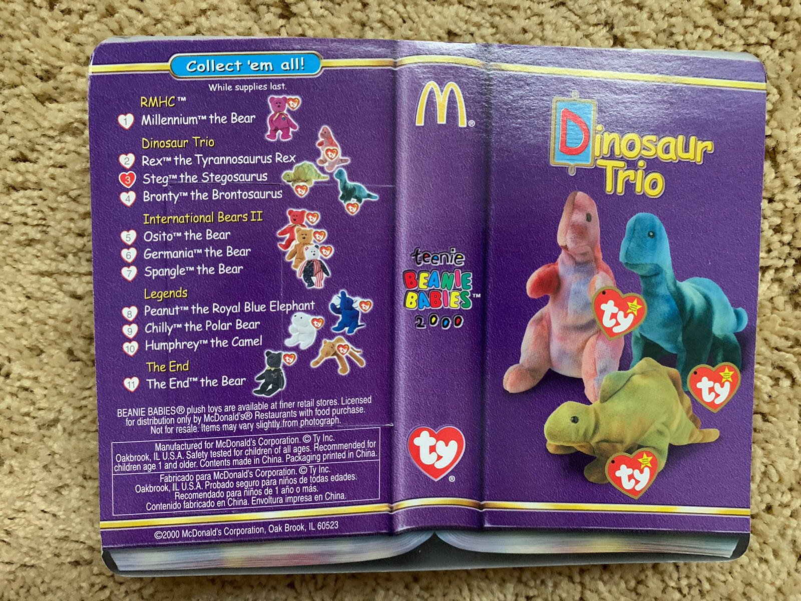 2000 McDonalds TY Dinosaur Trio Beanie Babies NIB Rex, Steg, Bronty w ...