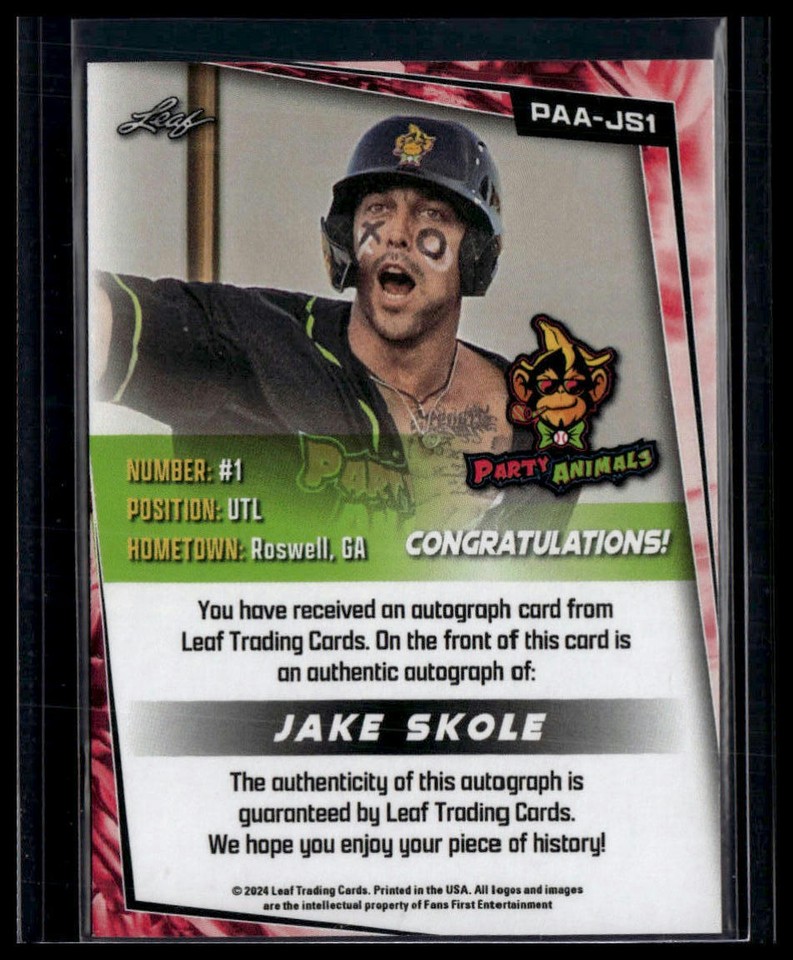 Jake Skole 2024 Leaf Savannah Bananas Party Animals Rookie RC Auto ...