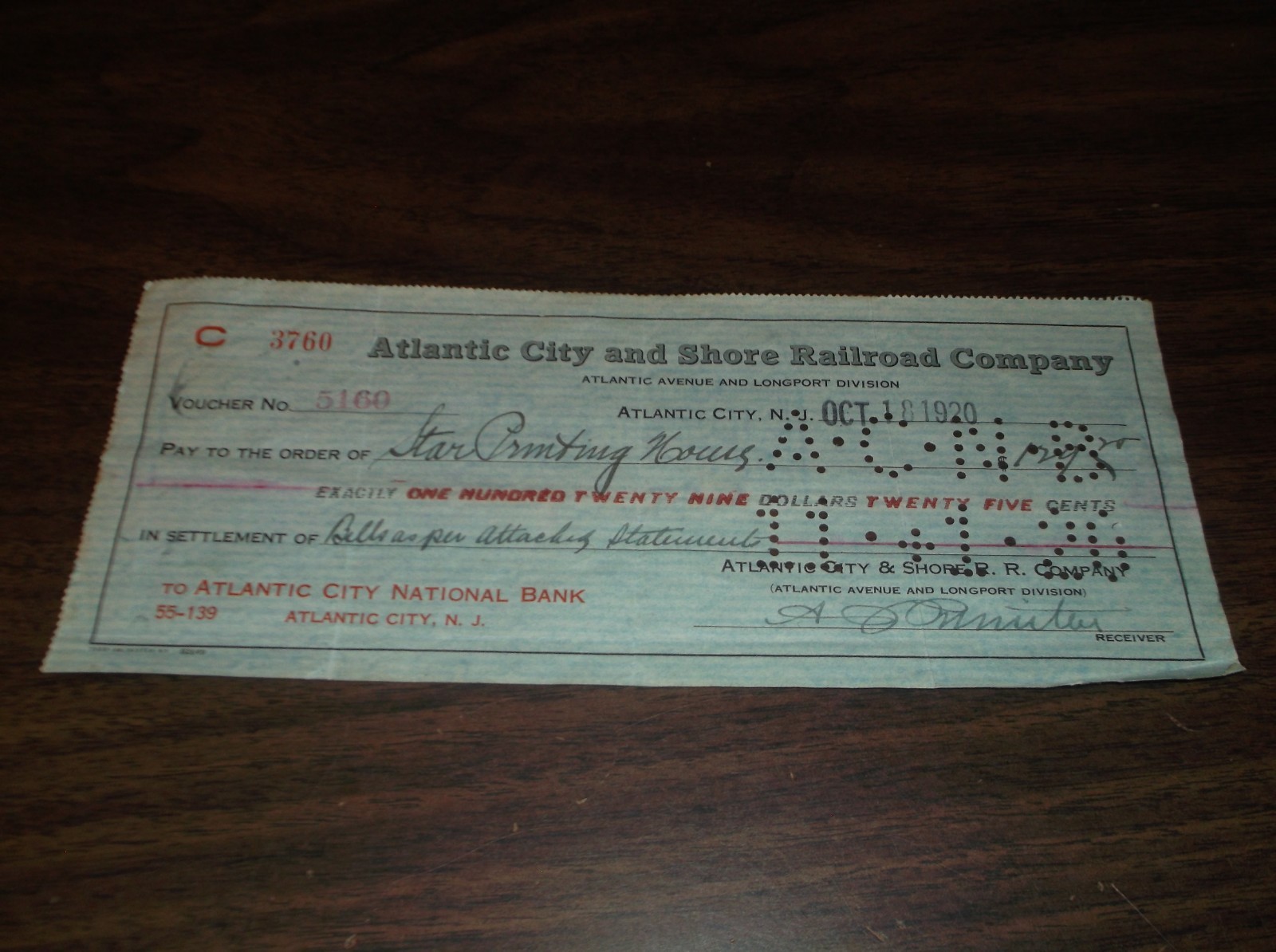 OCTOBER 1920 ATLANTIC CITY AND SHORE RAILROAD COMPANY CHECK SHORE FAST ...