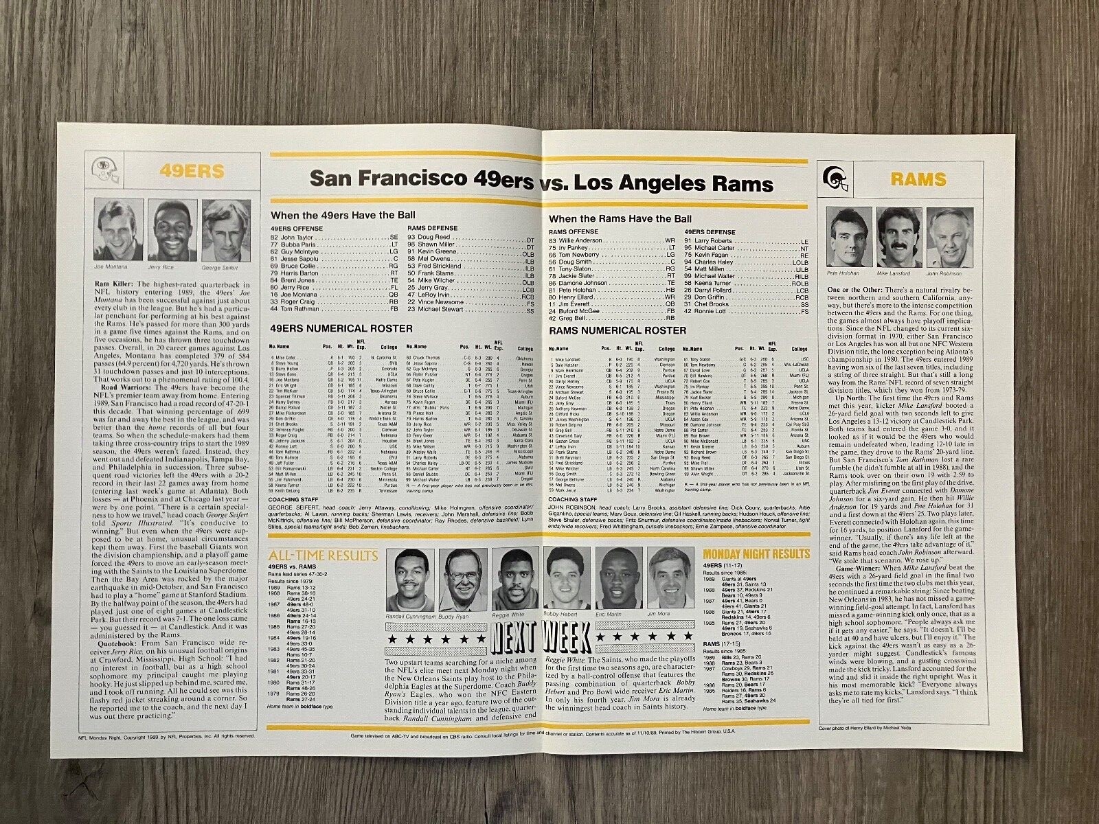 1989 NFL Official Monday Night Game Media Guide LA Rams vs SF 49ers Joe ...