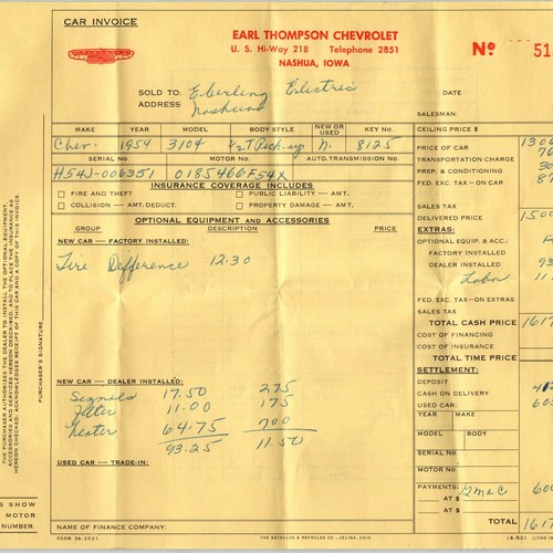 1954 Nashua Iowa Earl Thompson Chevrolet Car Invoice Auto Dealership ...