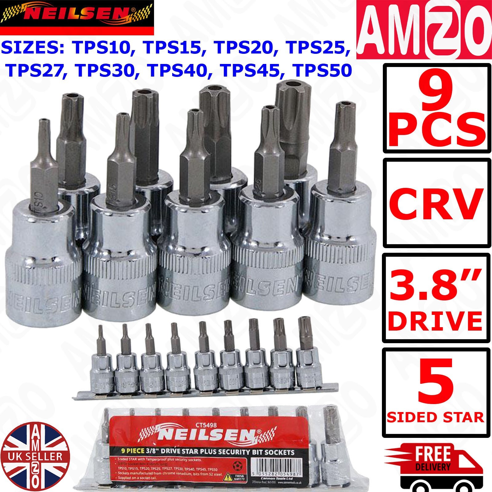 Neilsen 9pc Tamperproof Torx Star Plus Bit Socket Set TP10-TP50 3/8 ...