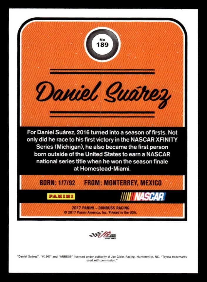 Daniel Suarez 2017 Donruss Racing #189 Xfinity Champ Variation | eBay