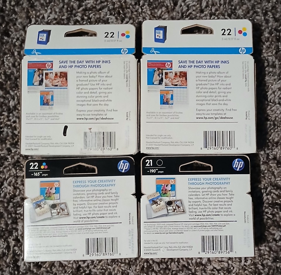 Lot of 4 Genuine HP Ink Cartridges: 22 Tricolor and 21 Black ...