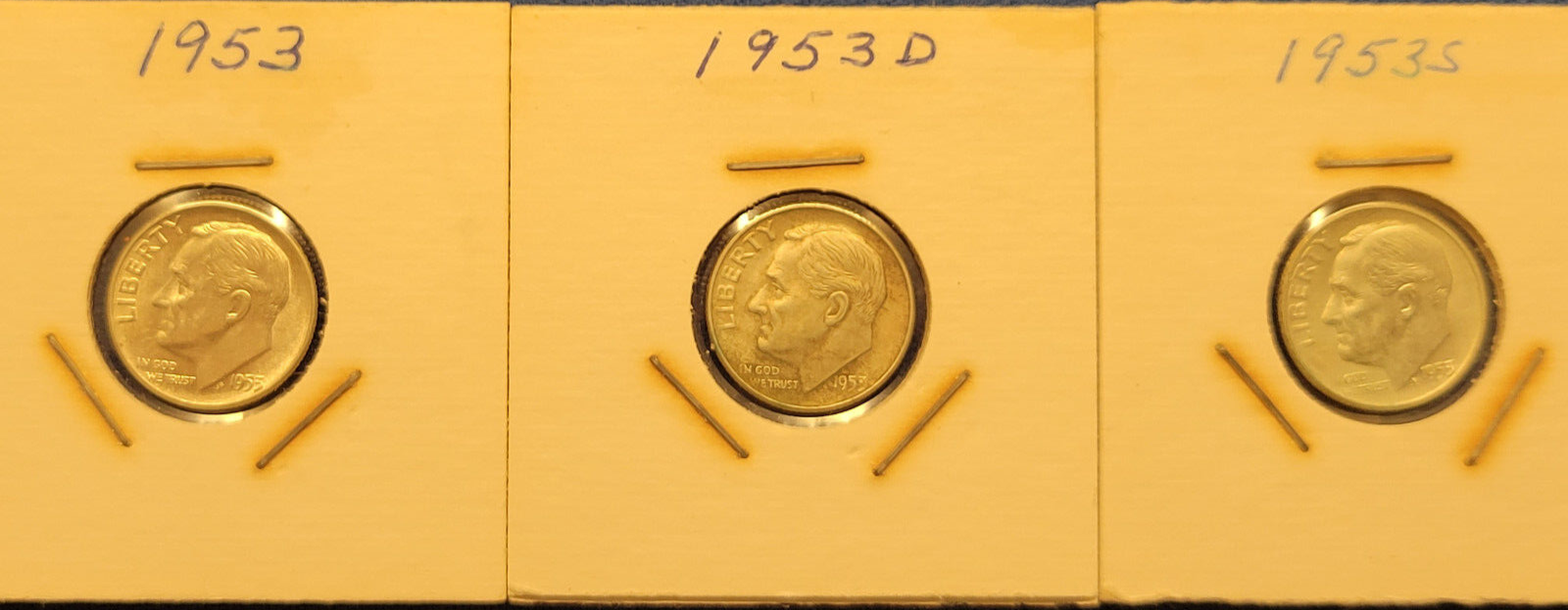 1953 Roosevelt Dimes Set of 3 Very Nice 53P-MS 53D-MS 53S-MS Graded ...
