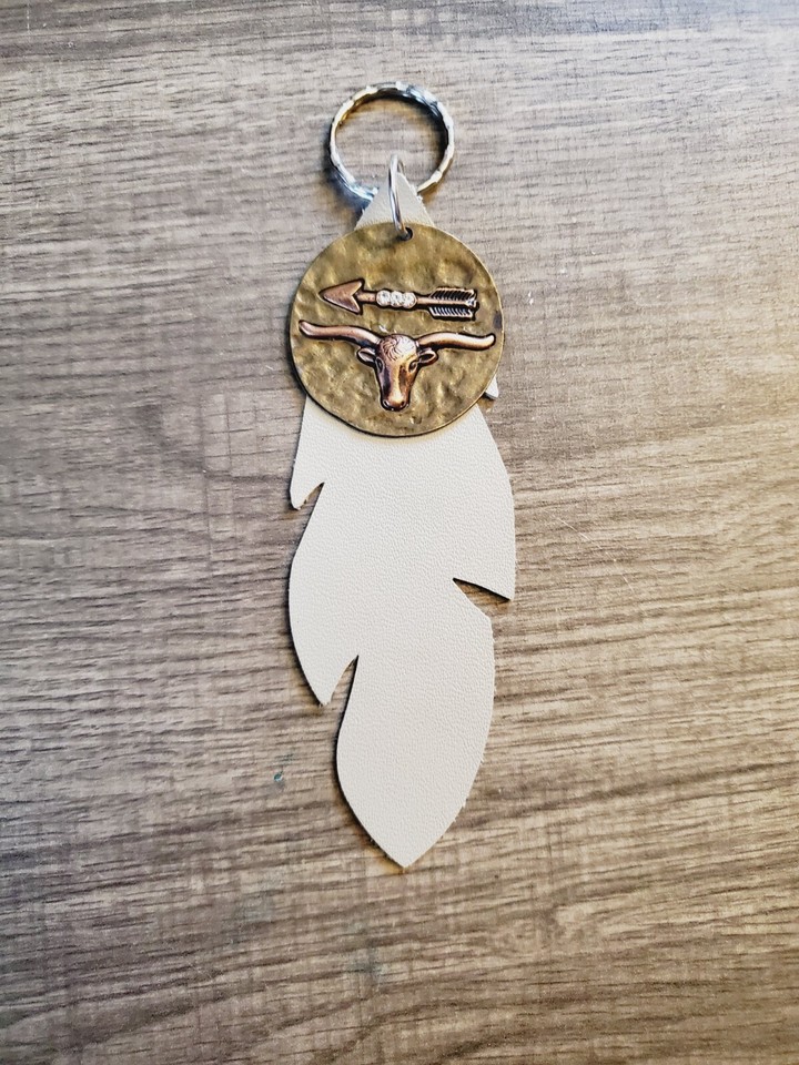 Western leather feather longhorn Key ring Key Chain, leather keychain ...