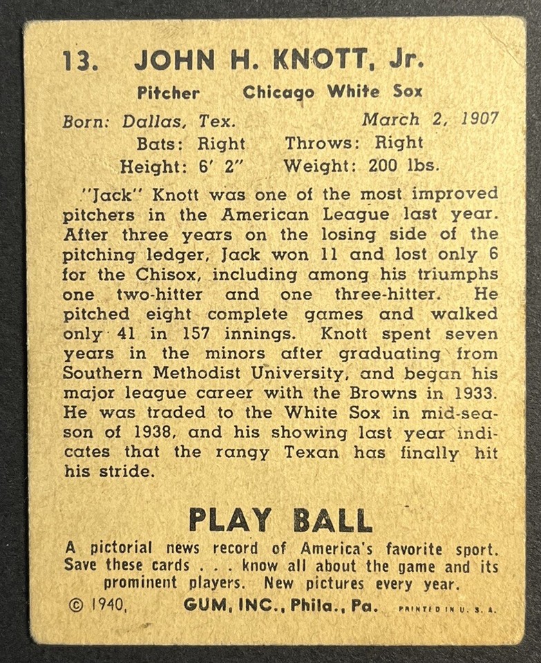1940 Play Ball Jack Knott #13 GD Creased Chicago White Sox | eBay