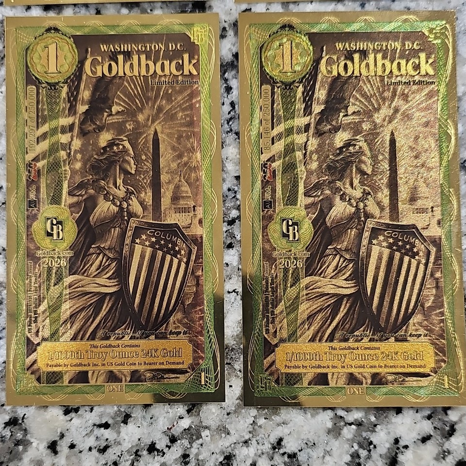 Goldback LIMITED WASHINGTON 2026 1/1000th Troy Ounce Gold Notes Set of ...