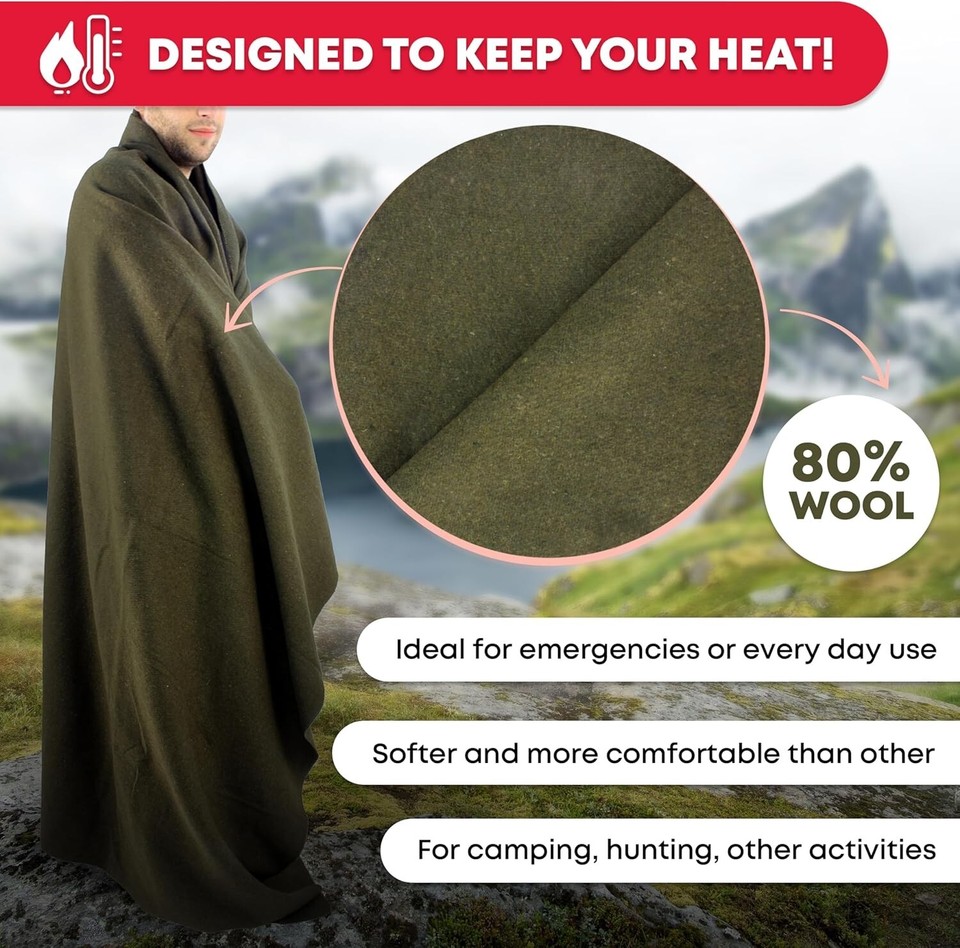 US Military Wool Blanket (80% Wool) Thick Washable 66" x 90" Heavy Wool ...