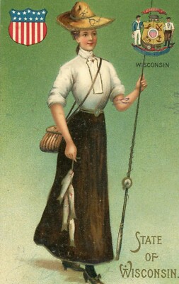 Postcard Embossed Lady of Wisconsin with Fishing Rod and Stringer of ...