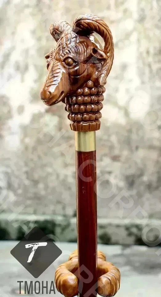 Rare Antique Cane Walking Stick Goat Head Design Handle Walking Cane ...