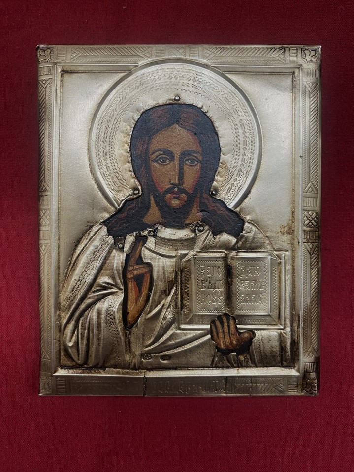 Old unique silver orthodox hand painted icon of Jesus Christ Almighty ...