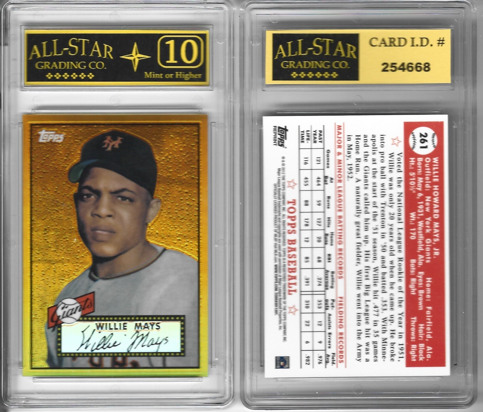 Willie Mays 2012 Topps Factory Set 1952 Reprint Gold Ref ASG 10 | eBay