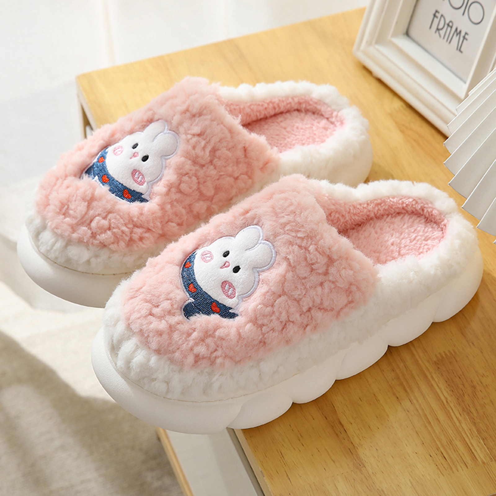 1 Pair Women Slippers Soft Bottom Cold-proof Cute Rabbit Pattern Plush ...