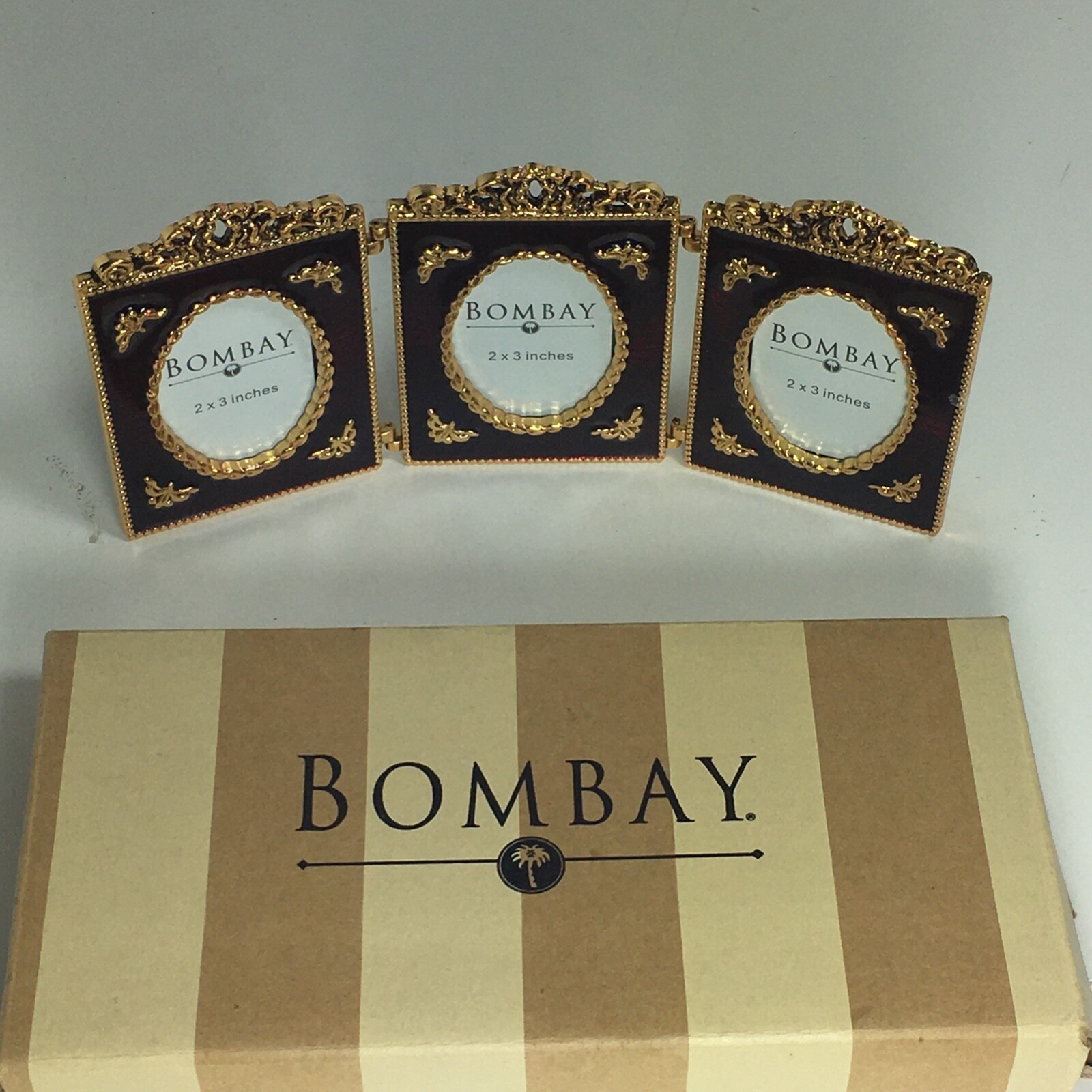 Bombay Company Triple Folding Enameled Red / Gold Mini Frames For (3) 2x3” Photo | eBay