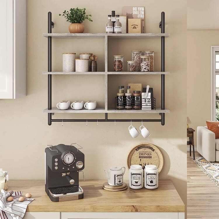 Bestier Floating Pipe Shelving Kitchen Shelves Wall Mounted 3 Tier 41.5 ...